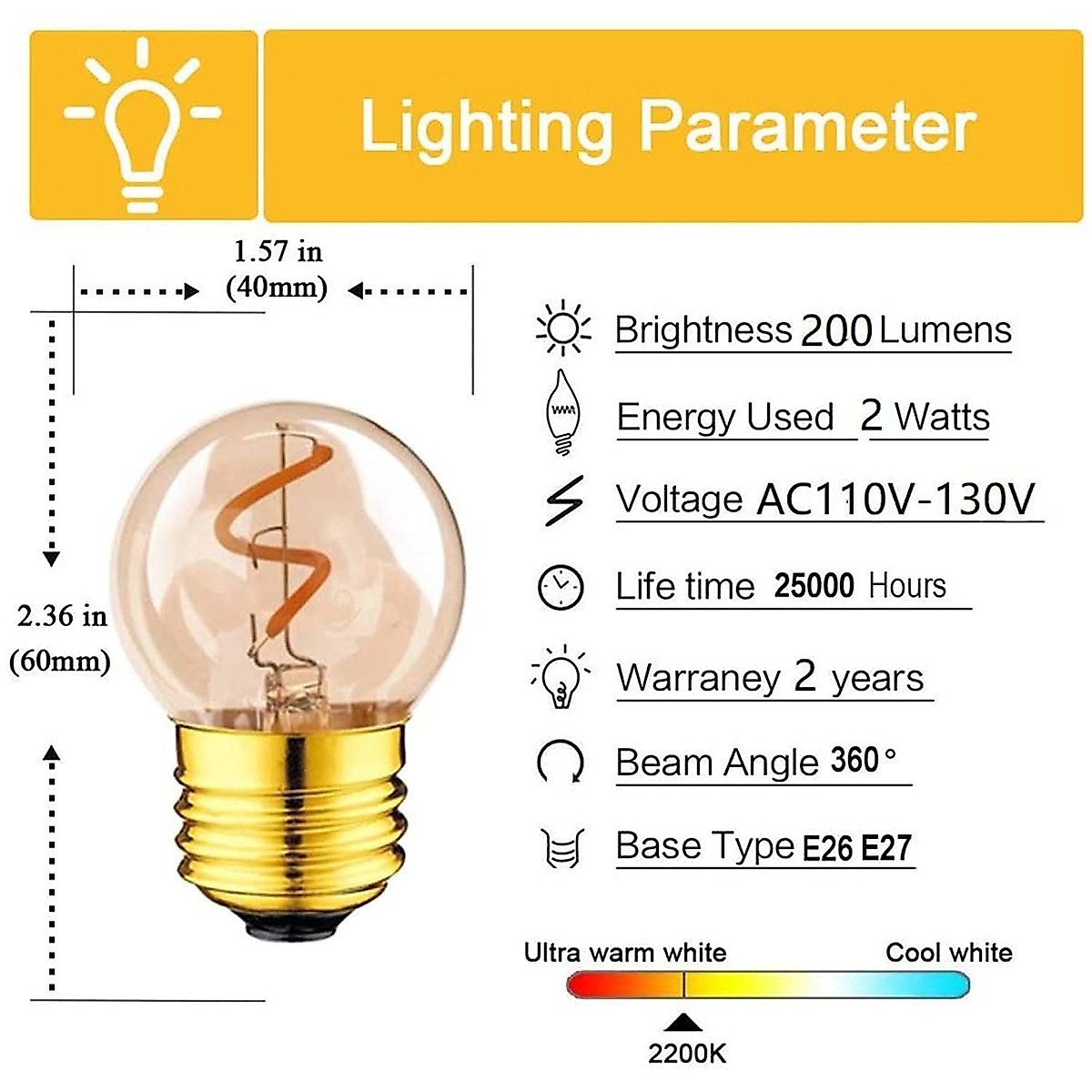 Qixivcom 2W G40 LED Filament Light Bulb Dimmable(5-Pack)- E26 Mini Led Bulb 120V 20W Equivalent LED Edison Light Bulb 2200K Warm White Decorative Lights Bulb Amber Glass Outdoor Lighting for Bar Home