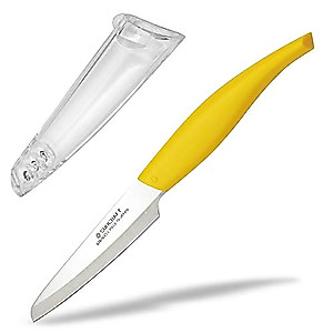 Seki Japan Fruit Knife, Small Peeling Knife, 3.3-inch stainless steel blade with yellow plactic handle and clear sheath, for kitchen and outdoor