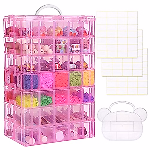 Quefe 7-Tier Pink Stackable Storage Container, 70 Adjustable Compartments Craft Organizers and Storage Box with Handle for Kids Toys, Art Crafts, Jewelry, Supplies, Fuse Beads, Washi Tapes