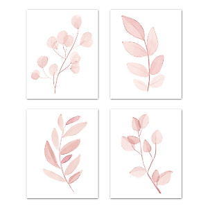 Sweet Jojo Designs Blush Pink and White Floral Leaf Wall Art Prints Room Decor for Baby, Nursery, and Kids - Boho Chic Bohemian Watercolor Botanical Flower Woodland Tropical Single Flower - Set of 4