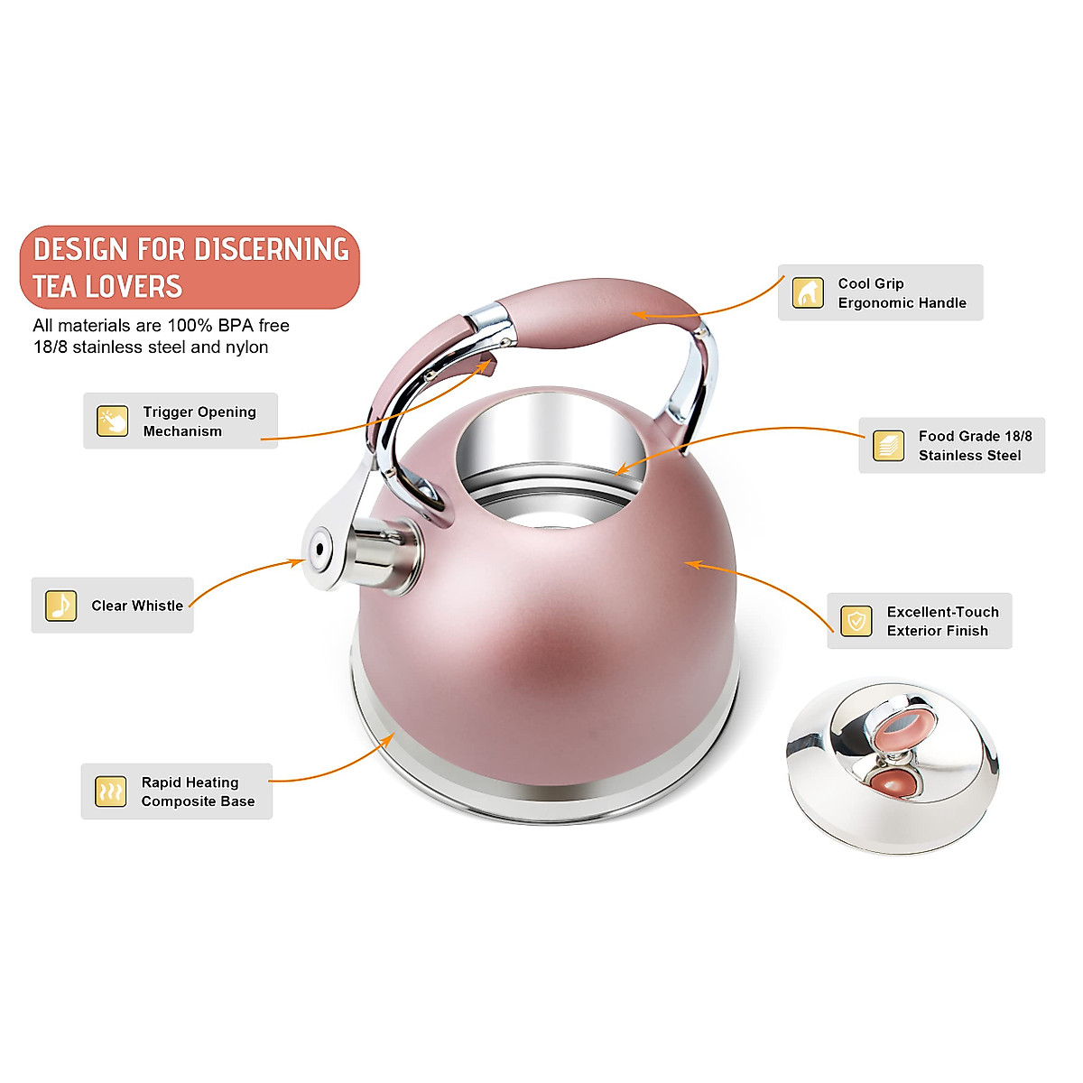 Tea Kettle - HIHUOS Whistling Tea Pots for Stove Top - Sleek 18/8 Stainless Steel Stovetop Kettle, Easy-grip Handle With Trigger Opening Mechanism, 1 Free Silicone Pinch Mitt Included (Pink 2.64QT)