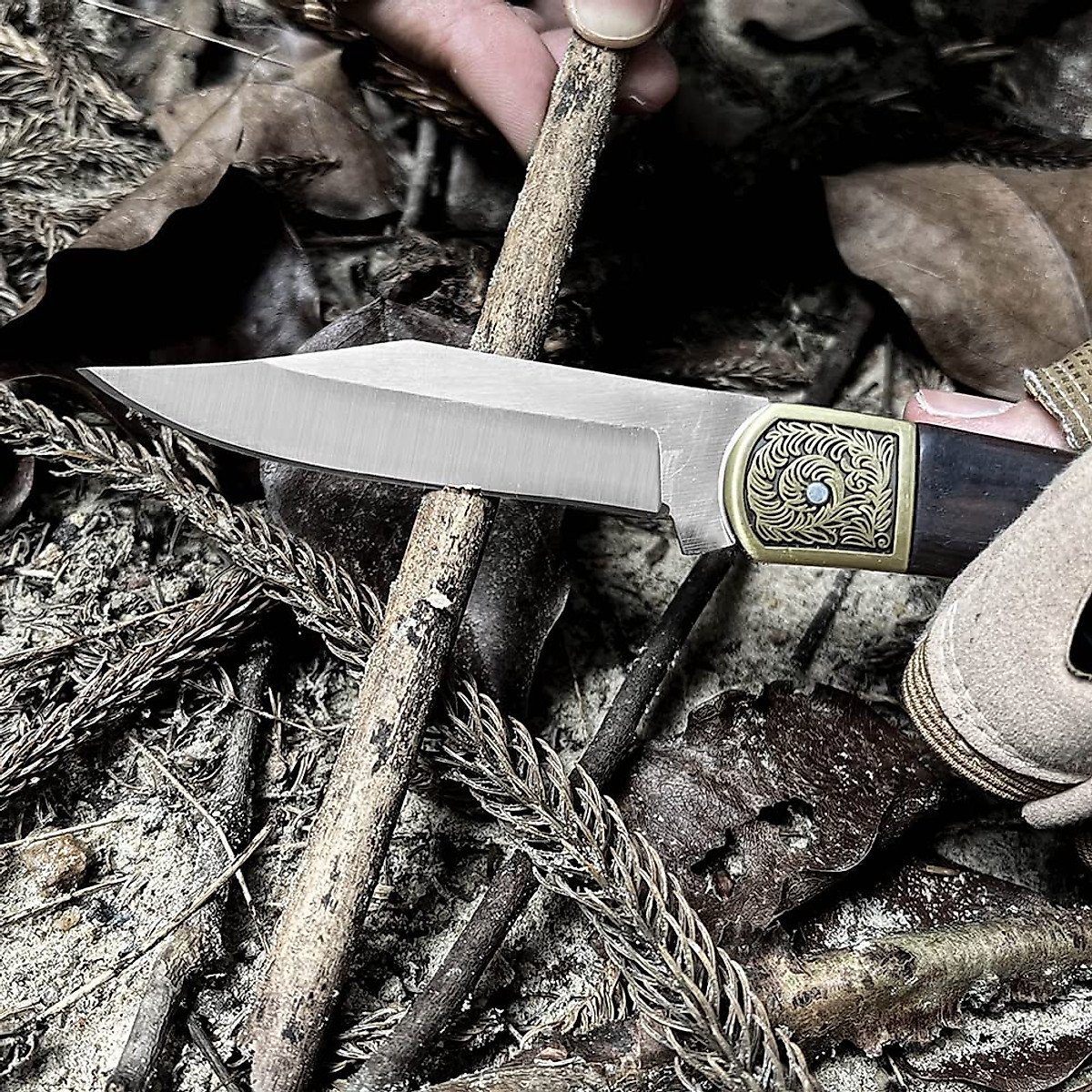 FU-GLBY Embossing Bolster Pocket Folding knife Wood handle EDC Knives Tools (black)