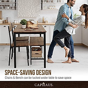 CAPHAUS 4 Pieces Dining Table Set for 4 w/Bench and Chairs, Modern Table Set for Dining Room, Home, Kitchen w/Storage Rack, Rectangle Table, Bench & Two Chairs, Space-Saving Dining Set, Teak Oak