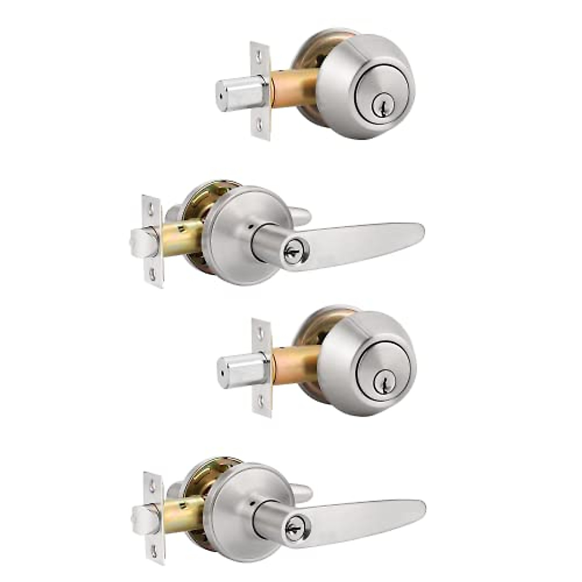 Probrico 2 Pack Door Handles Lever with Double Cylinder Deadbolts Combo, Keyed Alike Entry Door Knobs Handleset Lockset Leverset, Brushed Satin Nickel
