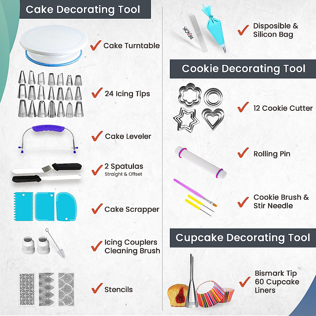 RFAQK 150PCs Cake Decorating Kit Baking Supplies Tools with Ebook and Booklet, 3in1 Cake Turntable for Decorating Cakes Cupcakes Cookies with Piping Bags and Tips Set, Leveler, Spatula & much more