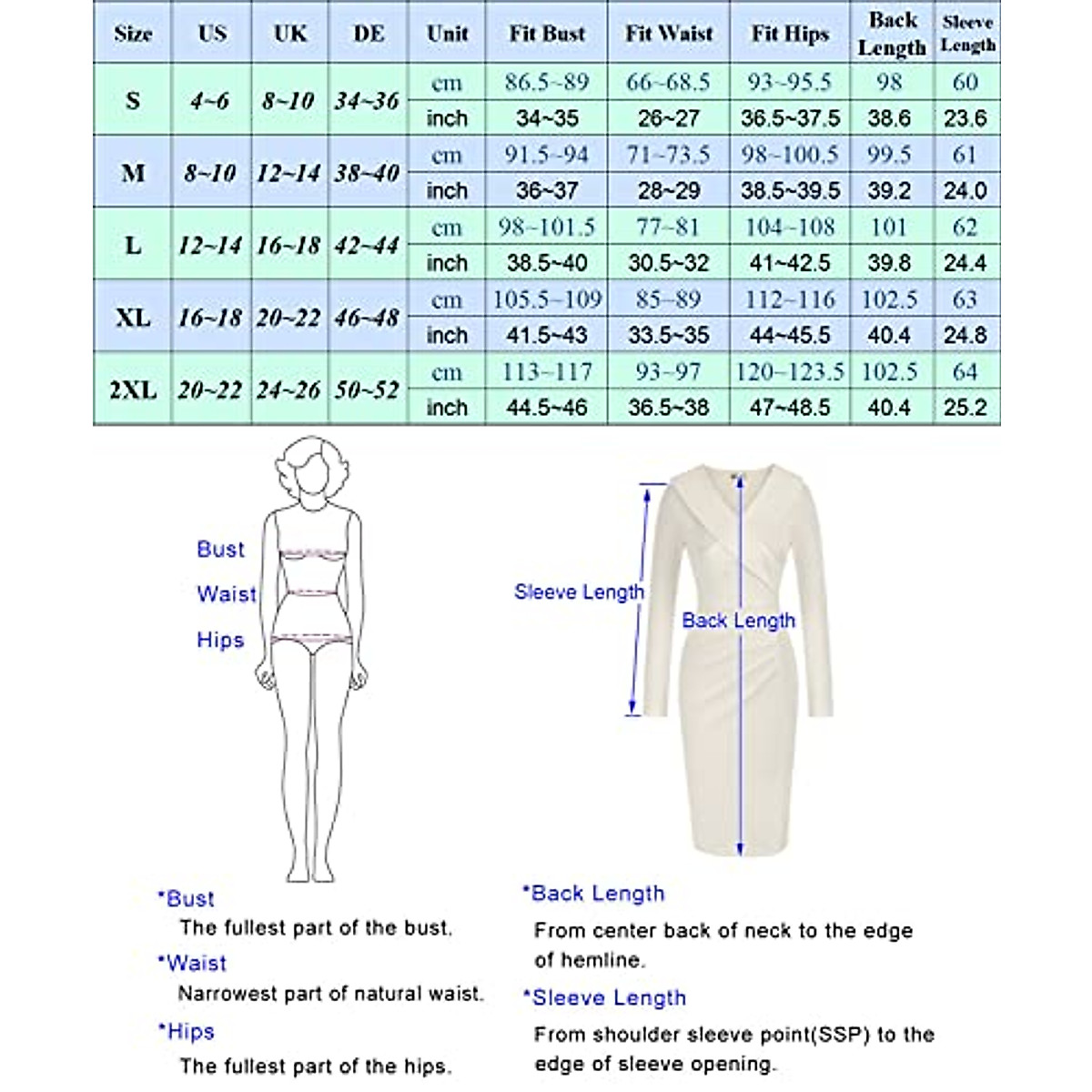 GRACE KARIN Women's Business Pencil Dress Office Long Sleeve Cocktail Dress Wedding Guest Blue S