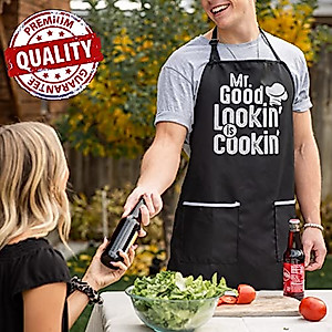 ALLER HOME&KITCHEN Aprons for Men. Mr Good Looking Black Apron with Pockets. Adjustable Kitchen Apron, Cooking Apron, Grilling BBQ Apron. Funny Apron Mens Gift