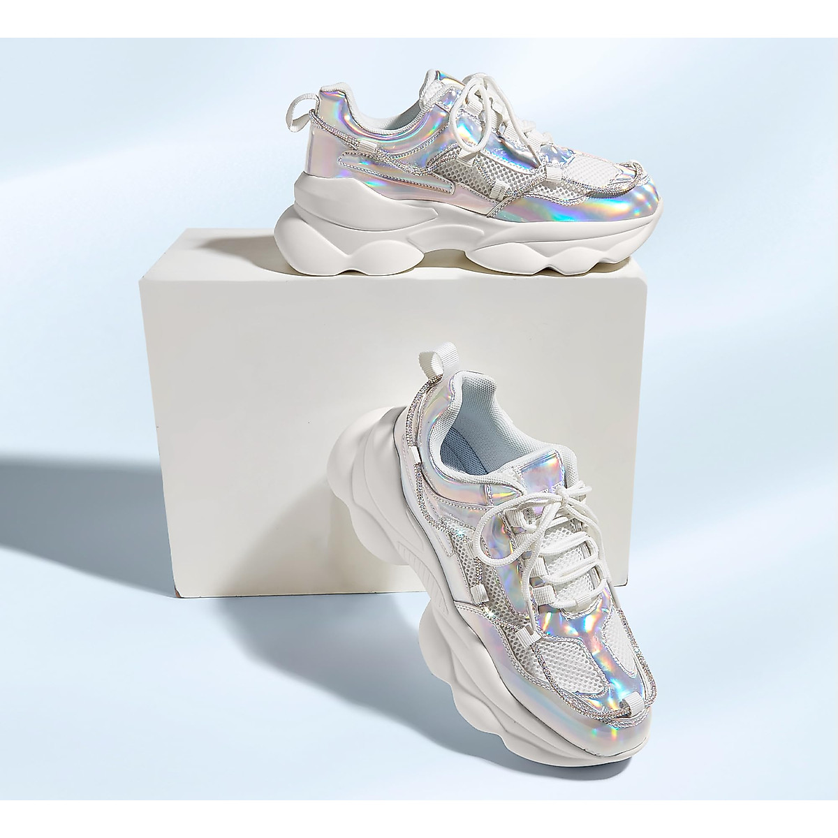 LUCKY STEP Women's 90s Chunky Sneakers Sparkly Bling Rhinestone Rope Platform Casual Thick Dad Rave Walking Shoes(Hologram Silver,7 B(M) US)