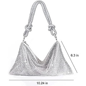 Rhinestone Hobo Bag for Women Chic Evening Handbag Shiny, Sparkly Crystal Handbag Shoulder Bags for Travel Vacation Party Proms Gifts (Silver)