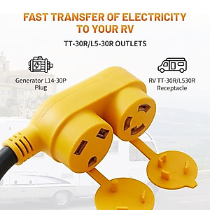 MECMO NEMA L14-30P to TT-30R L5-30R RV Generator Power Adapter, 4 Prong Twist Locking Generator Male Plug to Travel Trailer RV Female Cord 30 Amp RV Splitter for RV Trailer Camper Generator Charging