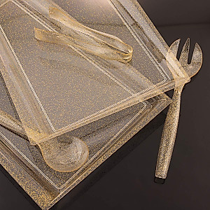 WELLIFE 24 Pack Plastic Gold Glitter Serving Tray with Disposable Utensils, 6 Rectangle Platter 15” x 10”, 6 Serving Spoons 10”, 6 Forks 10”, 6 Serving Tongs 6.3” for Buffet, Mothers Day
