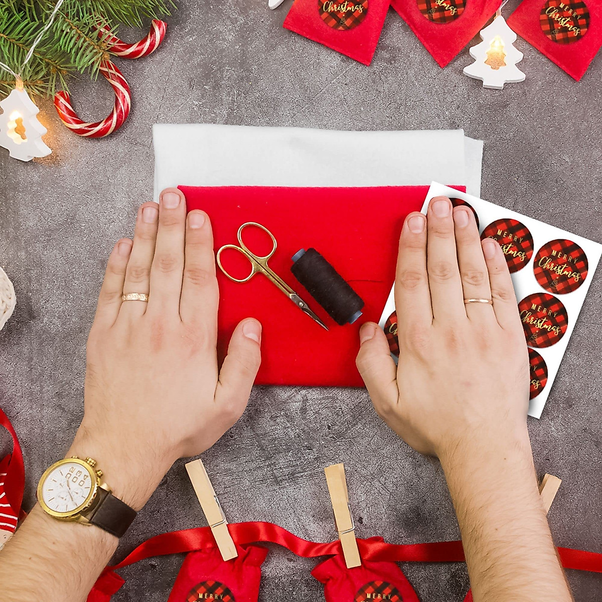 Mobiusea Creation Merry Christmas Stickers | Envelope Seals | 1.4 inch | Gold Foil | Red Buffalo Plaid Labels| Waterproof | 90-Pack for Christmas Gifts, Holiday Stickers for Envelopes, Holiday Cards