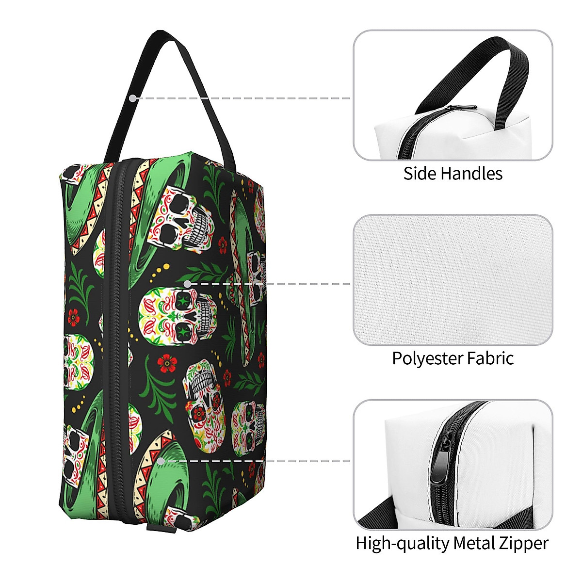 Women Lightweight Makeup Bag Pouch Compatible with Mexican Hat Twigs Flowers Day Dead Sugar Skulls Toiletry Bag, Funny Travel Cosmetic Bag Portable Bag with Zip for Office College