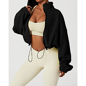 QINSEN Women's Full Zip Fleece Short Jacket Warm Winter Long Sleeve Stand Collar Sherpa Crop Coat Black M