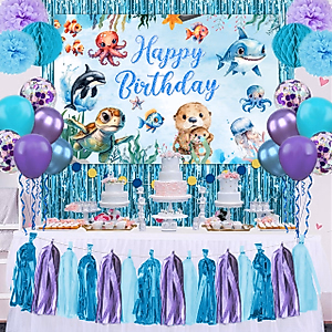 GPWXYYY Under the Sea Birthday Party Decorations, 48Pcs Turtle Theme Party Decorations Include Backdrop Banner Pom Poms Tassel Curtains Balloons for Ocean Birthday Party Decor