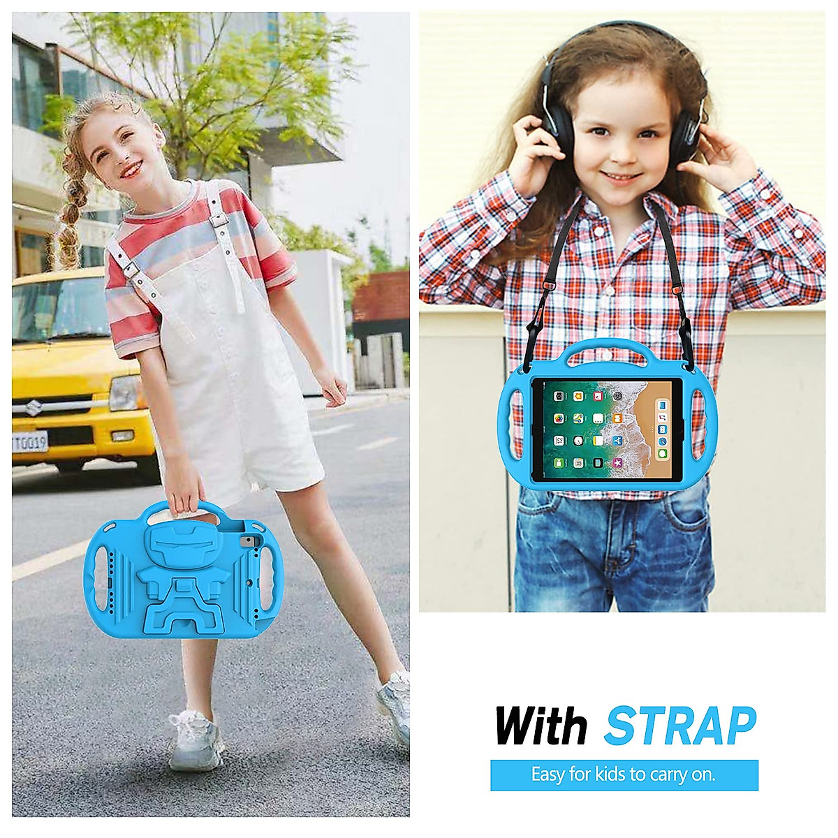 AVAWO Kids Case for 9.7" iPad 6th Generation Kids Case, iPad 5th Generation Case, iPad Air 2 Case - with Shoulder Strap, Shockproof Handle Stand Cover for iPad 9.7" 2017(5th Gen) 2018 (6th Gen)-Blue