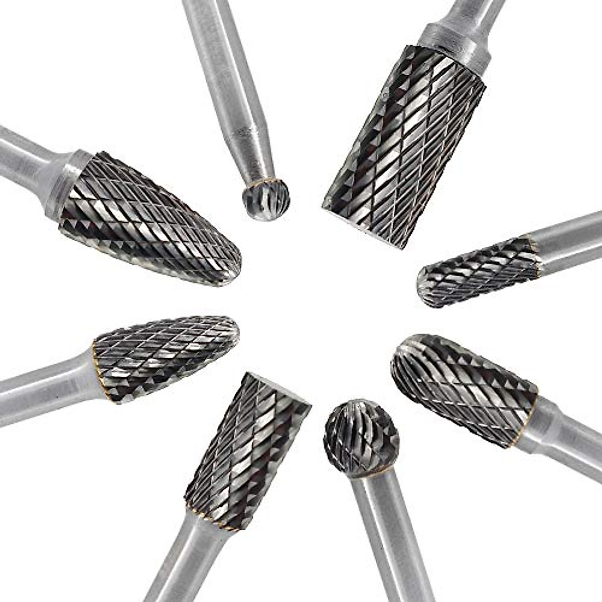 Carbide Burr Set 8pcs JESTUOUS 1/4 Inch Shank Diameter Double Cut Rotary Files Metal Grinding Polishing Carving Tool Drill Bits for Die Grinder Kits