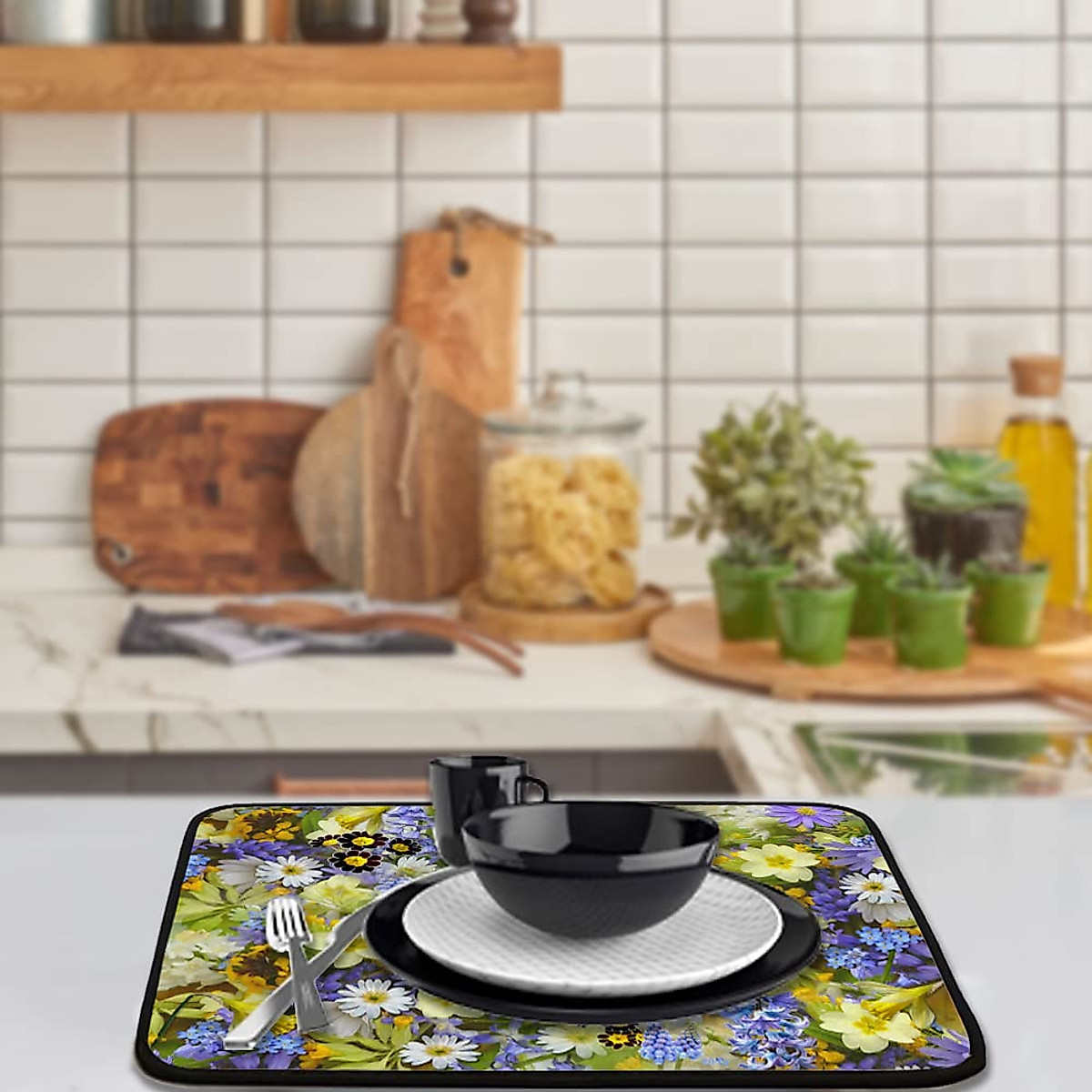 Spring Garden Dish Drying Mat for Kitchen Counter Farmhouse Colorful Netherlands Flower Dishes Pad Reversible Microfiber Absorbent Machine Washable (16'' x 18'')