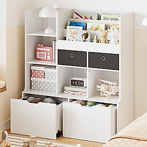 IDEALHOUSE Kids Bookshelf with Drawers 47.8in Toy Storage Organizer Modern Bookcase with Cubbies White Floor Storage Cabinet Wooden Toy Chest Playroom, Classroom, Nursery, Kids Room