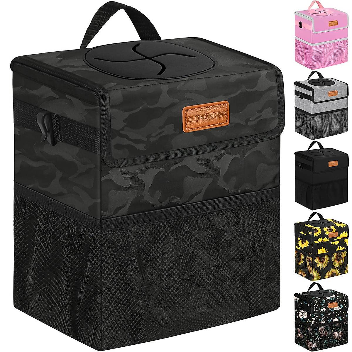 ELONGRIVER Car Trash Can for Car with Lid, Car Organizer Can Trash Bag Hanging Leak Proof Vehicle Trash Can Camo Black