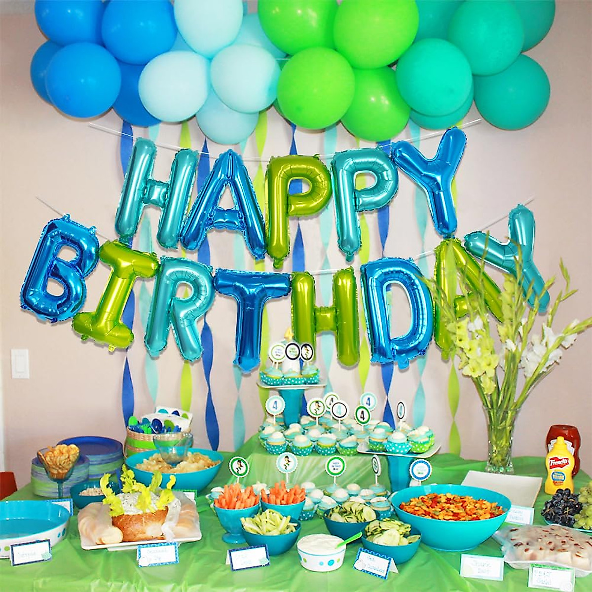 Party Era Blue and Green Happy Birthday Balloon Banner, 16 Inch 3D Aluminum Foil Birthday Sign, Teal Happy Birthday Letters for Girls Boys Women Men Birthday Bunting