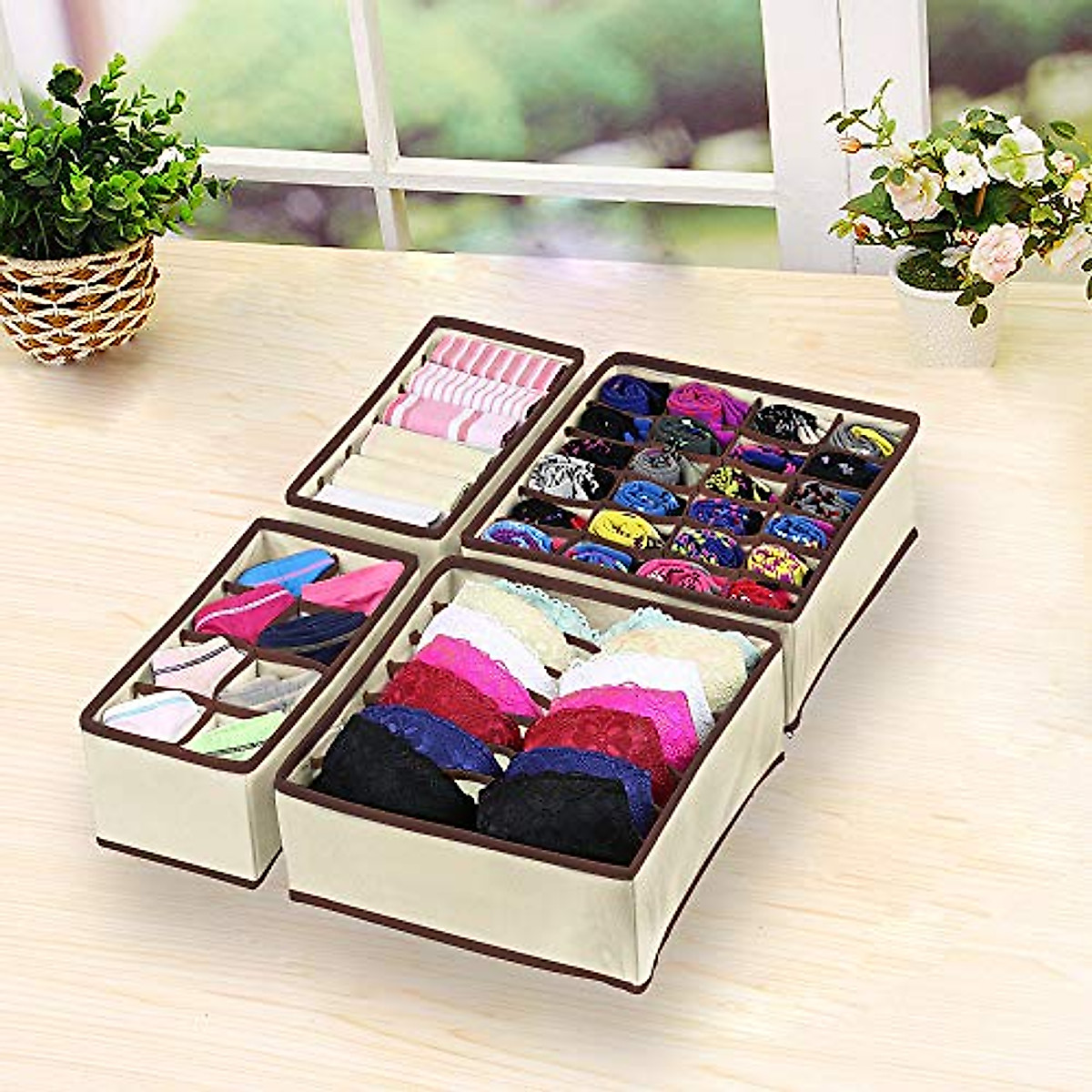 Bofoho 4 Pieces Pack Closet Dresser Drawer Divider Closet Organizer - Large Capacity Combination Bins for Socks, Panties, Ties, Belts, Bra. Washable & Foldable Non-woven Fabric Storage Boxes (white)