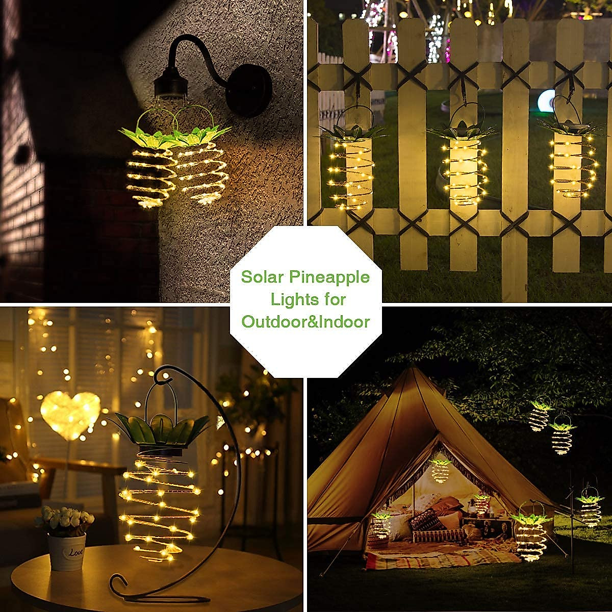 JSOT 2 Pack Solar Lanterns Outdoor Waterproof, 60LEDs Hanging Pineapple Decorative Lights for Backyard, Porch, Patio, Table, Yard, Balcony, Plants, Teepee, Lawn, Pathway, Warm Light.