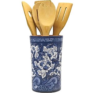 Hand Painted Portuguese Pottery Blue and White Kitchen Utensil Holder Blue White 255-355-455-BW Blue and White Ceramic Utensil Holder