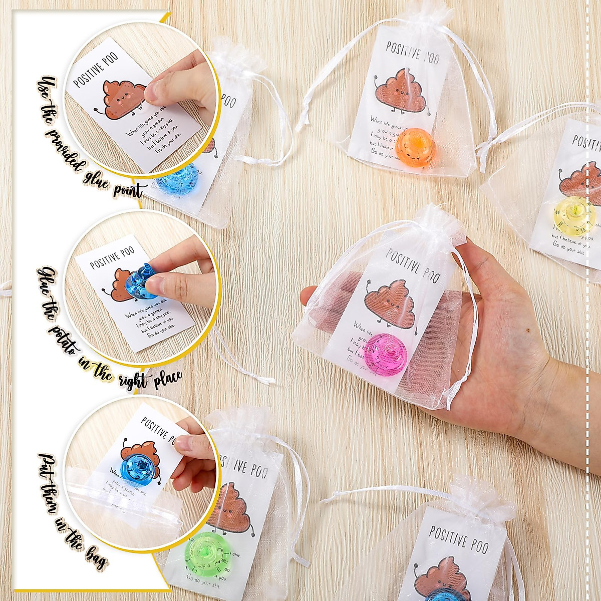 Huwena 60 Sets Inspirational Poop Bulk Emotional Favors Resin Cute Realistic Poop with Funny Card Organza Bag Positive Gift for Christmas Coworker Staff Students Teacher