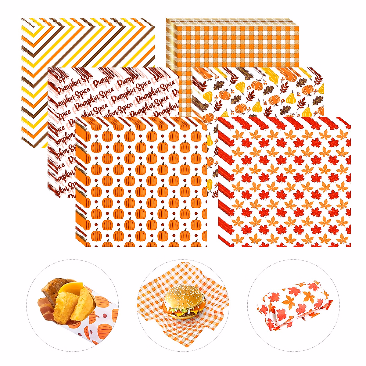 240Pcs Wax Paper Dry Waxed Deli Paper Sheet 12x12 inch Sandwich Wrap Paper Pumpkin Maple Leaf Checkered Decorative Parchment Paper Food Basket Liners for Home Kitchen Picnic Party