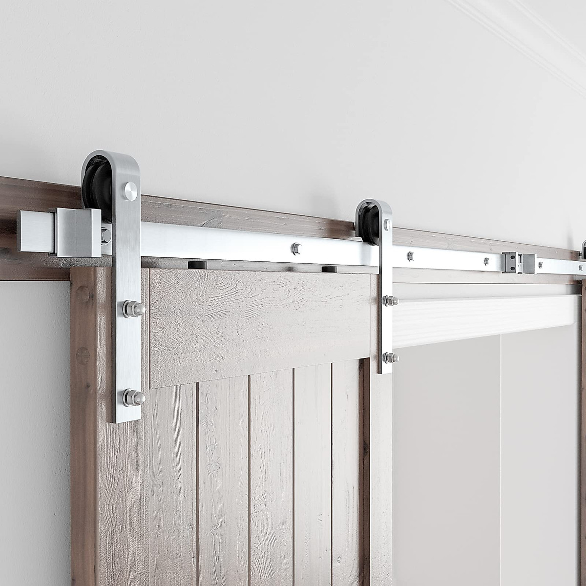 SMARTSTANDARD 10ft Siliding Barn Door Hardware Kit Brushed Nickel Double Door Easy to Install Fit 30" Wide Door Panel (J Shape Hanger)