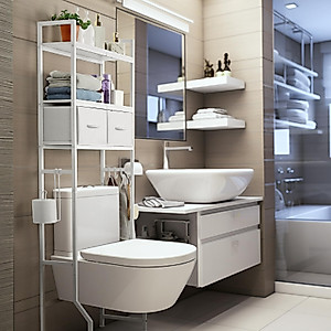 ETELI 3-Tier Over The Toilet Storage Cabinet with Fabric Drawers Toilet Shelf Organizer with 4 Hooks Freestanding Bathroom Space Saver White