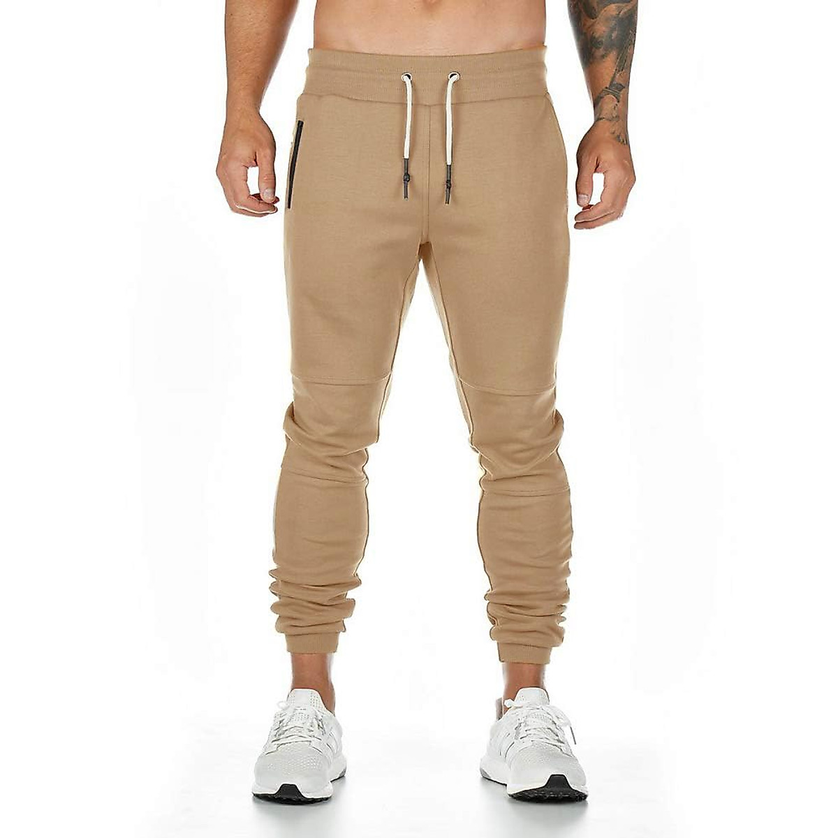 AOTORR Men's Slim Fit Joggers Casual Slim Sweatpants Workout Running Track Pants with Zipper Pockets Khaki L