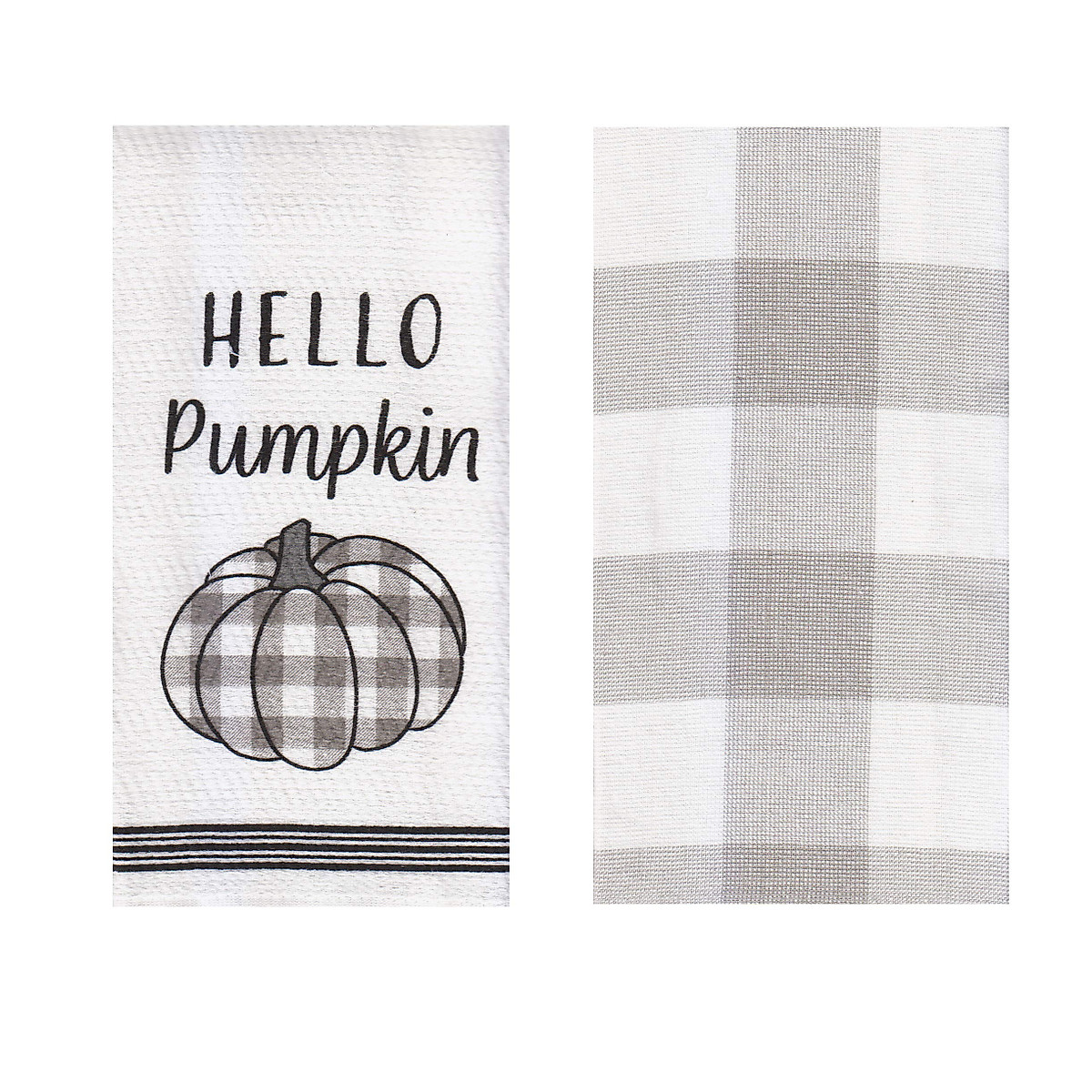 Mainstream Hello Pumpkin Kitchen Hand Towels, Grey and White Checked Buffalo Plaid, Set of 2 Coordinating Cotton Dishtowels for Fall and Thanksgiving Decorating, 16 x 26 inches