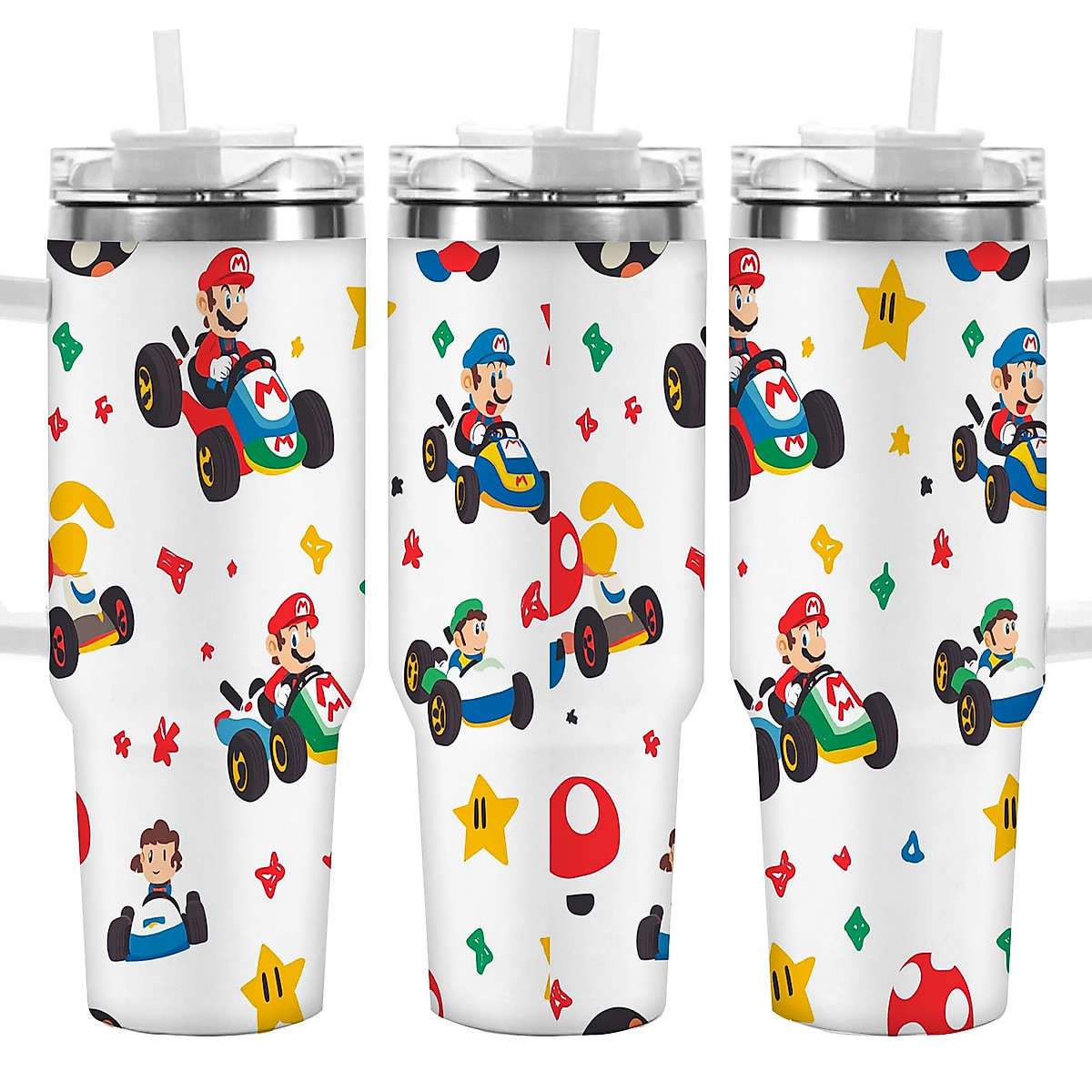 FOCIUZTA 40oz Playful Mario Kart Pattern Tumbler with Lid, Travel Coffee Cup, Ideal for Easter, Gaming Enthusiast, Mother Day, and Birthday Gifts