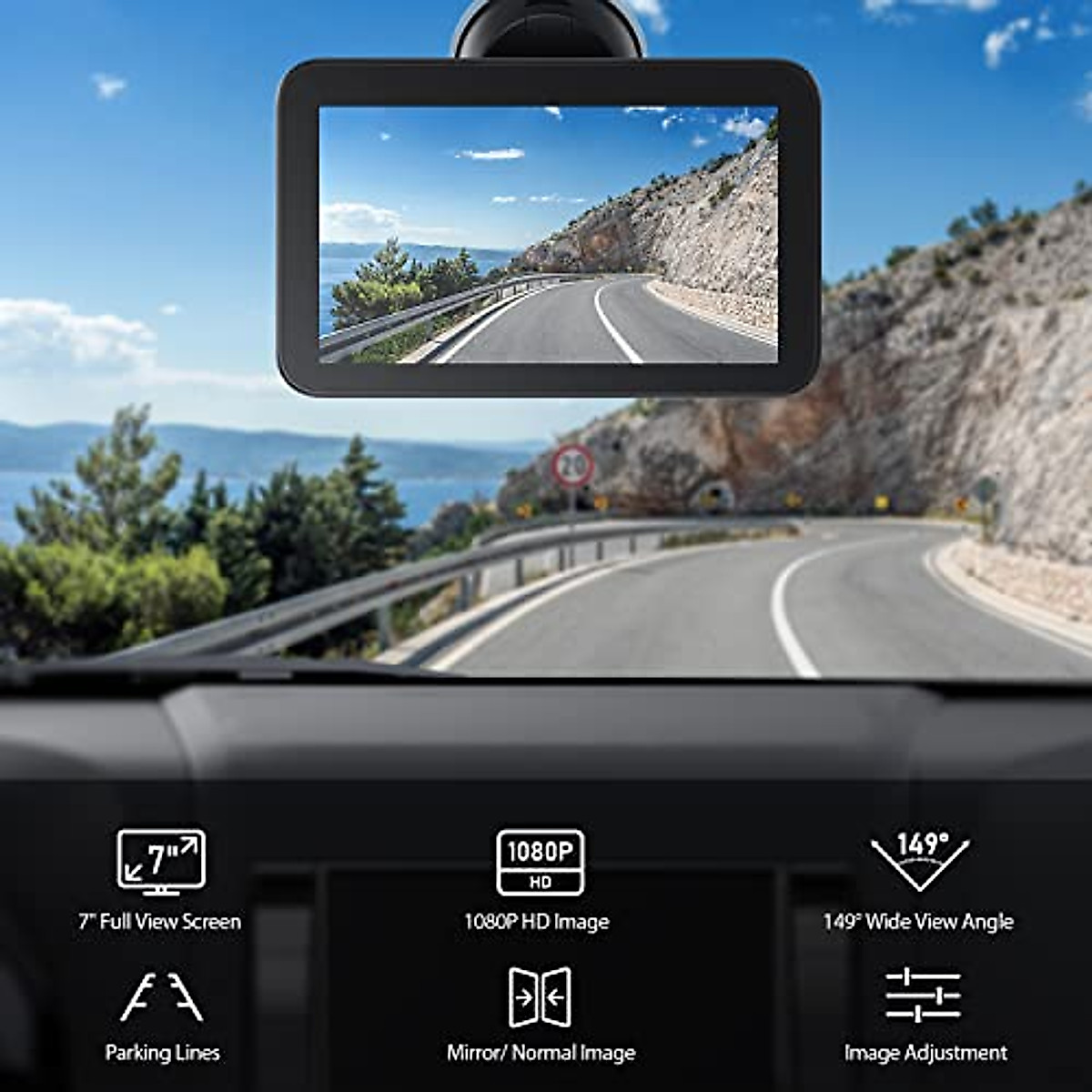 ZEROXCLUB 7 Inch Wired Backup Camera Kit, 1080P HD Large Display for Car Trucks Pickup SUVs Vans RVs License Plate Rearview Reversing Camera Night Vision IP69 Waterproof Wide View - B7