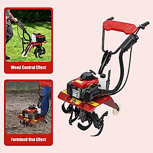 Garden Tiller/Cultivator 63CC 4-Stroke Gas Powered Hand Rotary Front Tine Tiller Rototiller Garden Tool Cordless, Gear Drive Transmission, Adjustable Tilling Depth