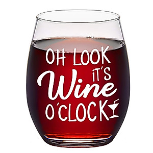 Futtumy Oh Look It's Wine O’clock Stemless Wine Glass, Wine Gifts for Women Men Friends Her Him Coworkers Wine Lovers Congratulation Birthday Christmas, 15Oz Wine Glass with Funny Words