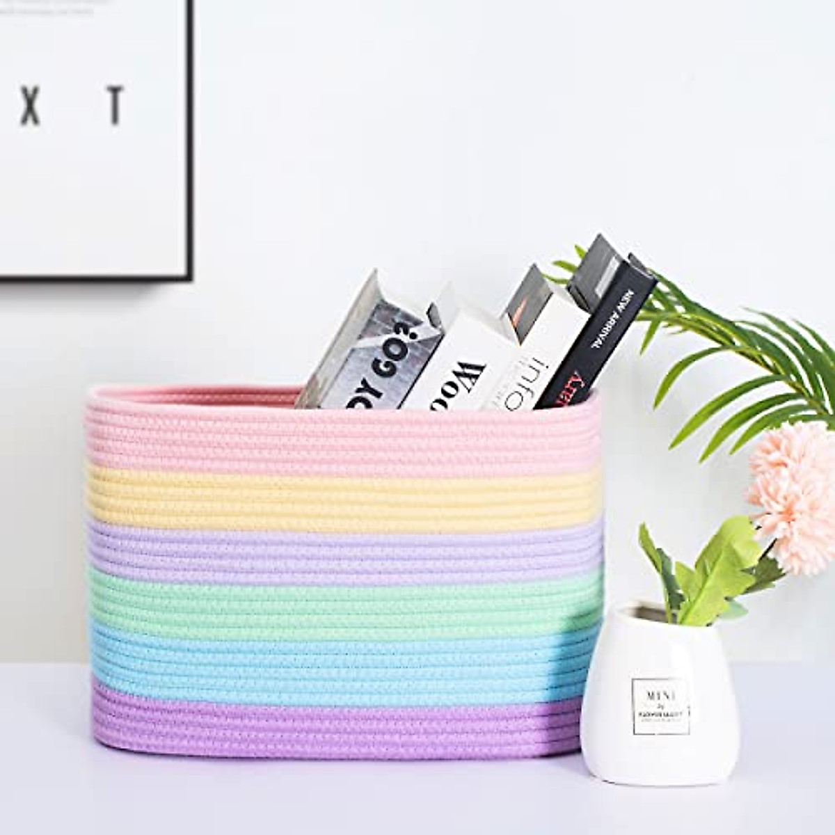 MINTWOOD Design 3-Pack Storage Baskets for Shelves, Playroom and Classroom Storage Basket, Book Basket, Decorative Storage Cube Bins, Woven Closet Organizers, Nursery Baskets, Pastel Rainbow