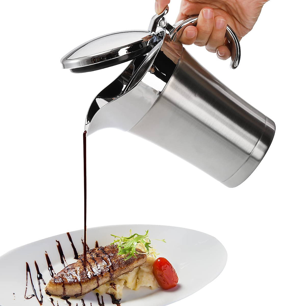 Peohud Gravy Boat, 304 Stainless Steel Double Insulated Sauce Jug with Hinged Lid, 24 Oz Gravy Warmer Pitcher for Home and Kitchen