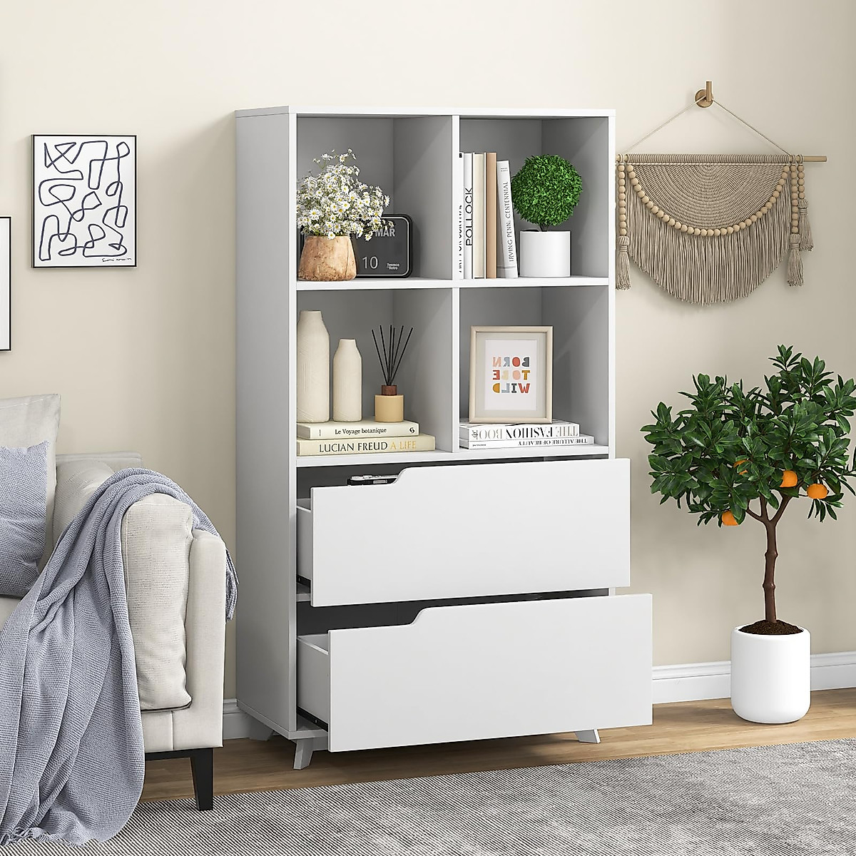 Giantex 51" Tall Bookcase with 2 Drawers, 4-Tier Open Bookshelf with 4 Storage Cubes, Modern Display Shelf with Anti-Toppling Devices, Freestanding Wooden Storage Shelf for Home Office, White