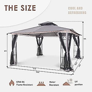 Joyside Patio Gazebo with Netting 12 ft. x 10 ft. Double Tier Roof gazebos for patios (Grey)