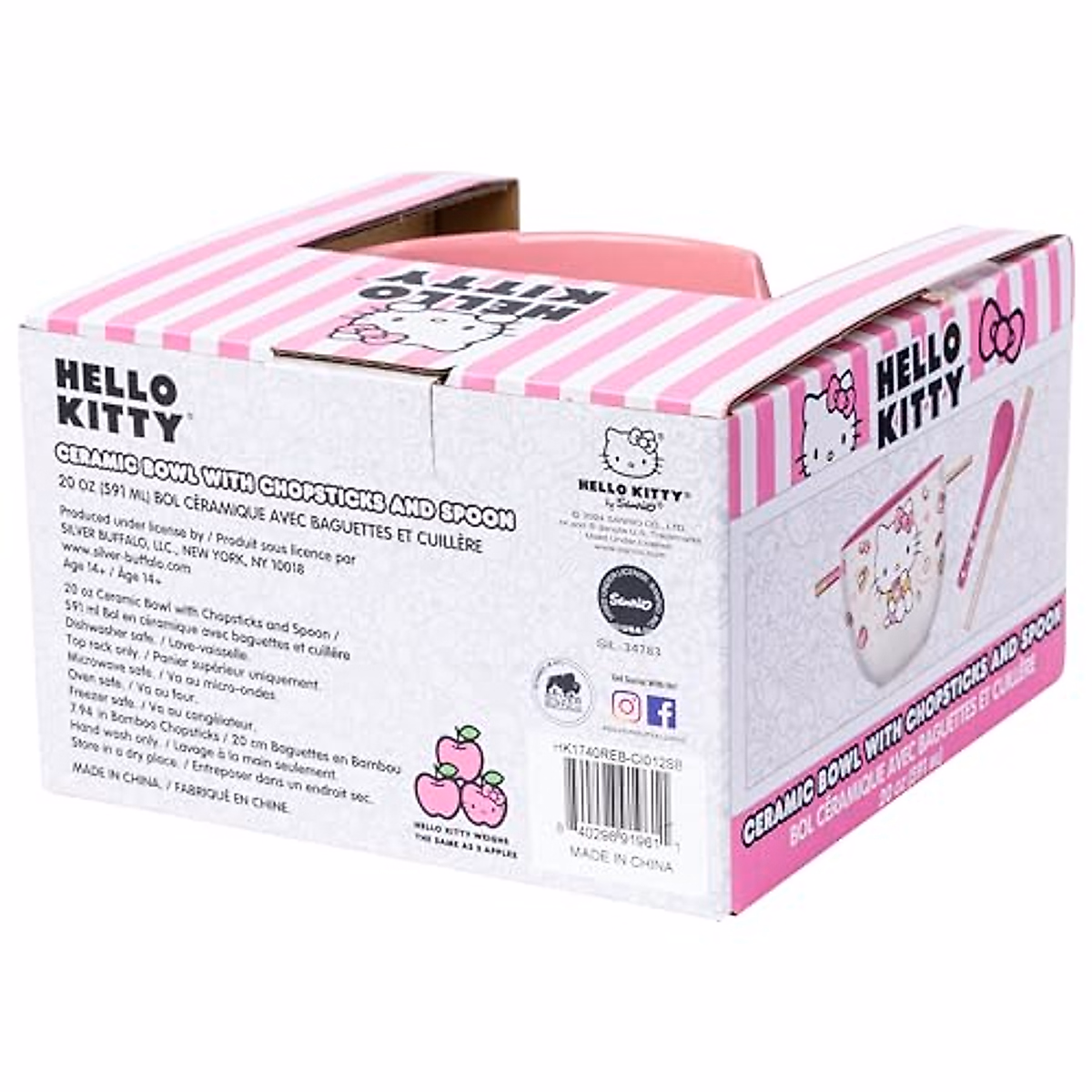Silver Buffalo Sanrio Hello Kitty Apples and Cinnamon Ceramic Ramen Noodle Rice Bowl with Chopsticks and Spoon, Microwave Safe, 20 Ounces
