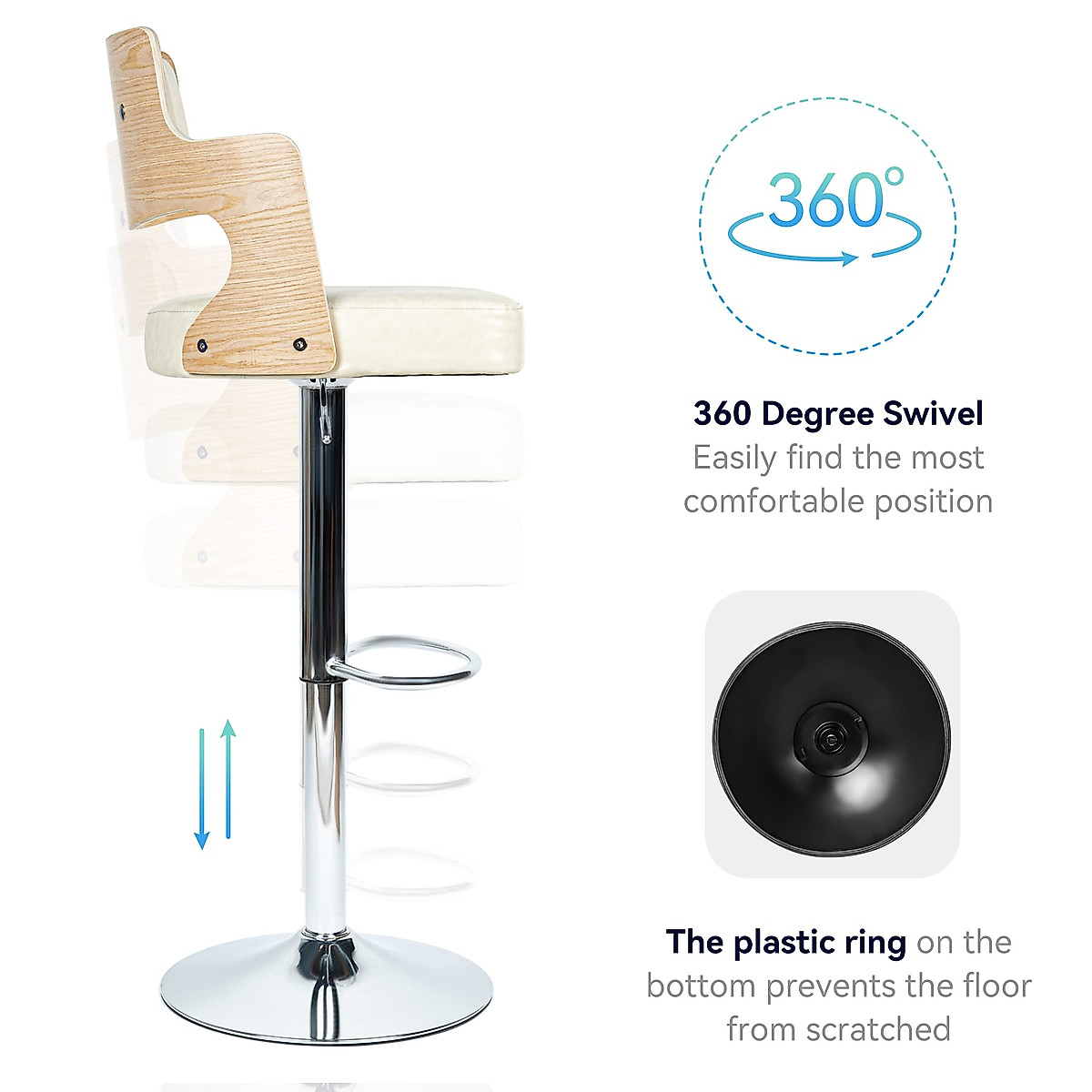 Miereirl Bar Stools Set of 2 Morden Height Counter Bar Stools with Wood Back Thickened Seat Swivel Adjustable Stool Chair for Home Kitchen Island Beige