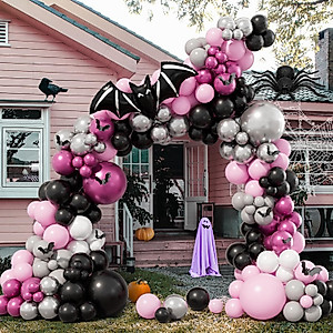 Bonropin 178pcs Pink Halloween Balloon Garland Arch Kit with Black Pink Silver Balloons Ghost Bat Foil Balloons 3D Bat Sticker for Girls Pink Halloween Decoration Birthday Baby Shower Party