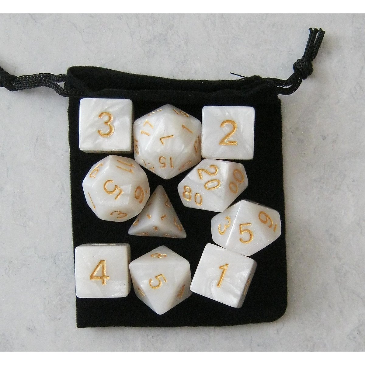 Elven White RPG D&D Dice Set: 7 + 3d6 = 10 polyhedral die plus bag! by Dave's Dice