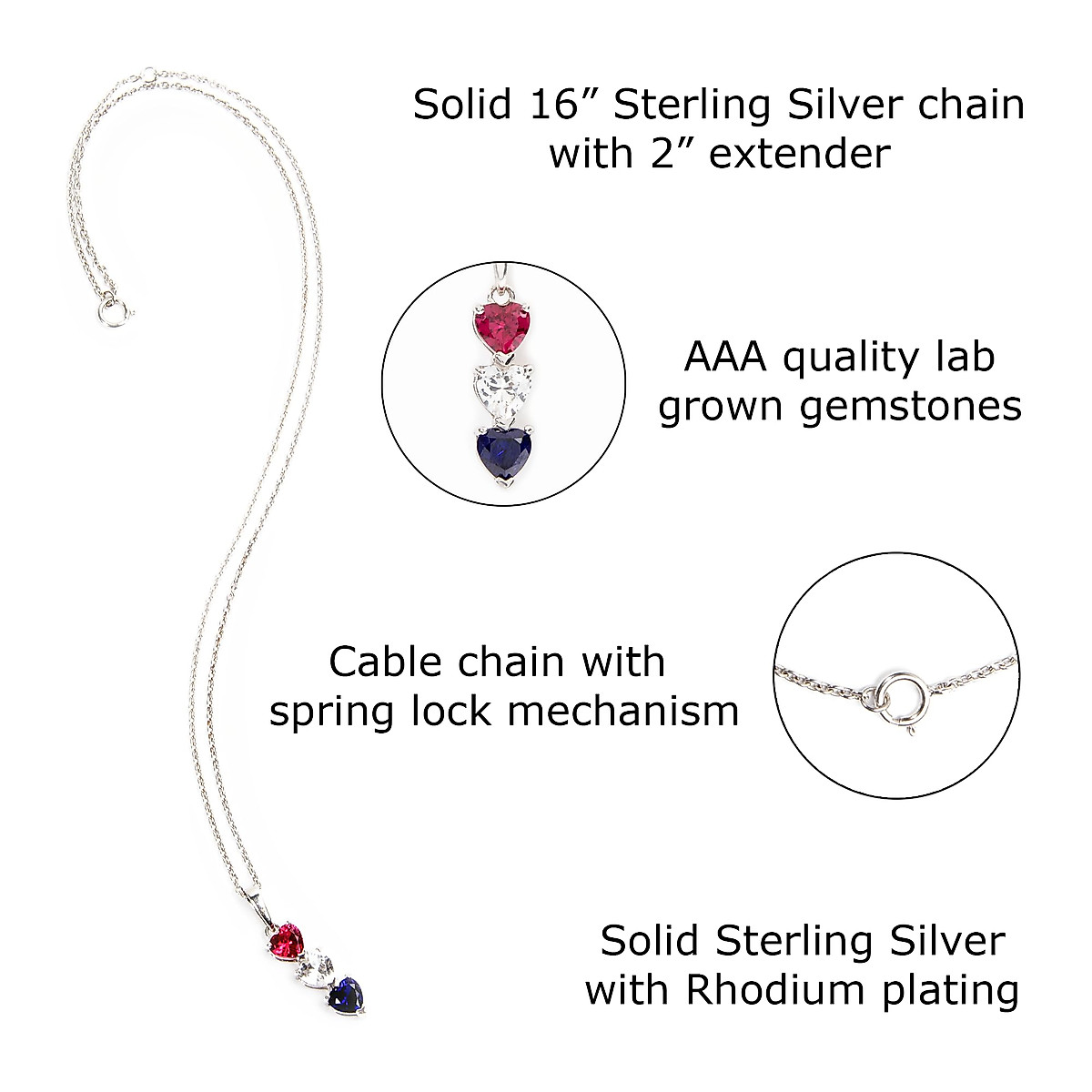 Silver Smile Solid Sterling Silver Three Stone 2.25 CTW Lab-Grown Ruby, White, Blue Heart Shaped Gemstone Pendant Necklace | Patriotic Pendant | Gift for Birthdays and Anniversary For Her