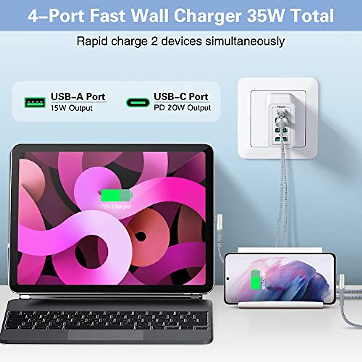 35W Fast Charging Wall Charger with USB C Cable 10FT Boxeroo 2-Pack 4Port USB C Power Adapter Block Right-Angle USB A to C Cable Compatible for Galaxy Samsung Galaxy S22 Ultra S21 S20 S10 Pixel 6/5/4