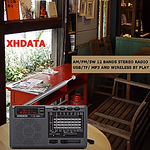 XHDATA D368 Shortwave AM FM 12 Band DSP Stereo Portable Radio MP3 Player Wireless BT Speaker with Rechargeable Battery Multimedia Speaker Support Micro SD Card USB Flash Drives (Black)
