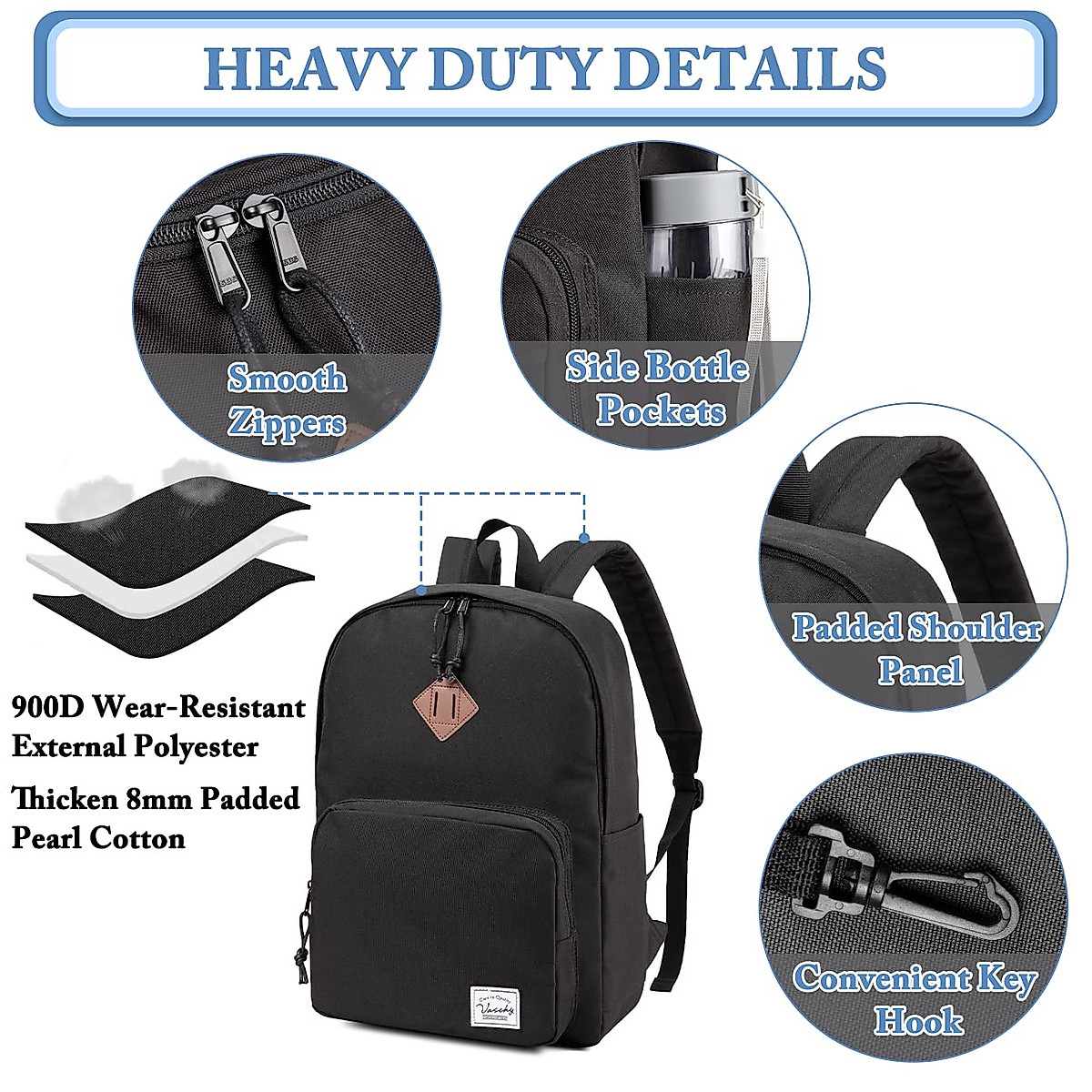 VASCHY School Backpack, Ultra Lightweight Backpack for Men Women Schoolbag Bookbag for Kids Teen Boys Girls Black